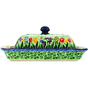 Polish Pottery 8¾-inch Butter Dish made by Ceramika Artystyczna (Crane In Tulip Splendor Theme) Signature UNIKAT + Certificate of Authenticity