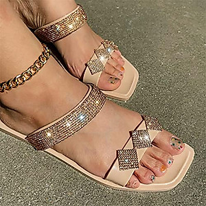 Slipper Socks for Women Women Shoes Fashion Bright Diamond Square Bright Diamond Sandals Flash Diamond One Leg Wear Flat (Khaki, 8)