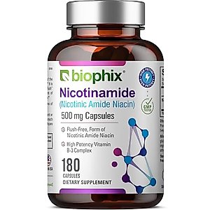 biophix B-3 Nicotinamide 500 mg 180 Caps - Nicotinic Amide Niacin Natural Flush-Free Vitamin Formula - Supports Skin Cell Health