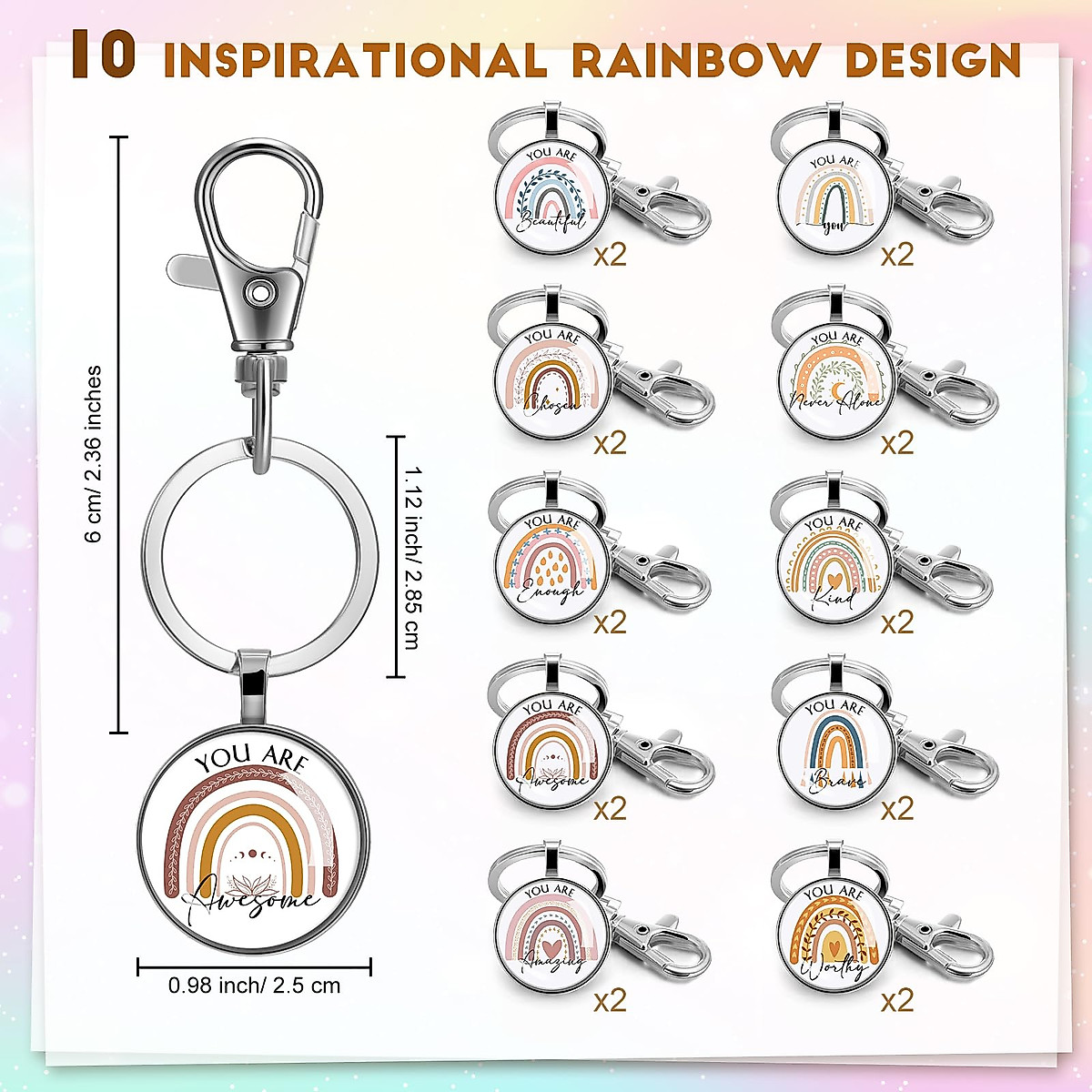 Roowest 20 Pcs Inspirational Gifts Rainbow Keychain Bulk Employee Appreciation Gifts Motivational Quote Key Ring for Women Team Nurse Coworkers