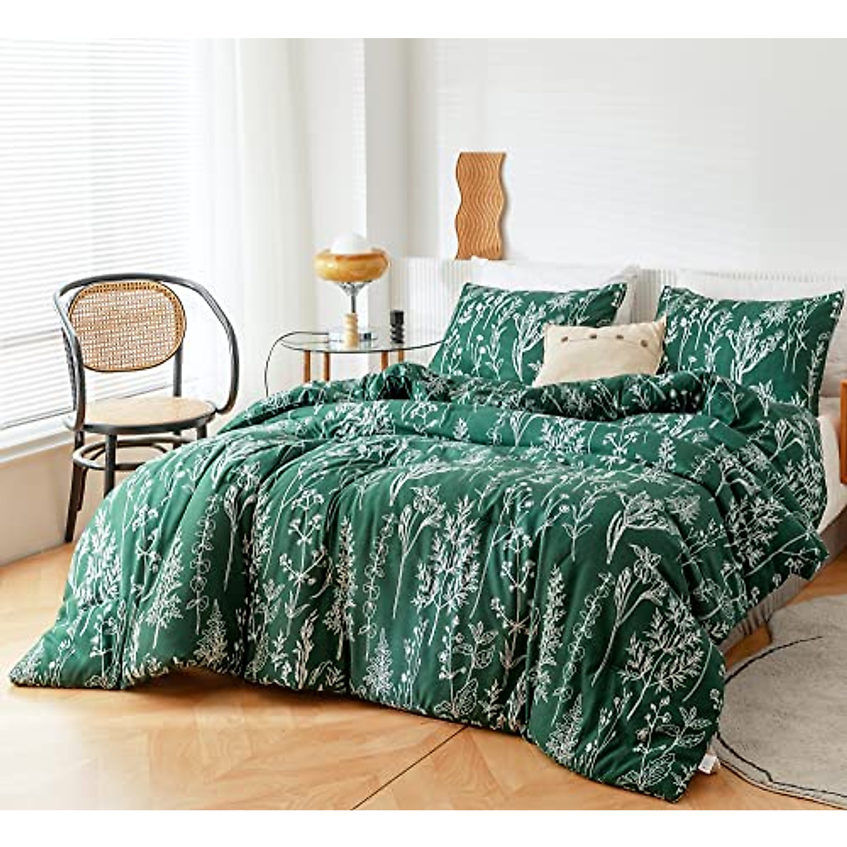 JANZAA Duvet Cover Queen Size,3 Pieces Floral Emerald, Botanical Green Duvet Cover,Microfiber Soft Bedding Set with Zipper Closure 4 Ties (2 Pillow Cases)