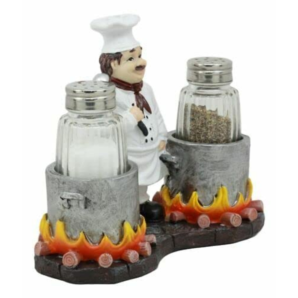 Set Of 1 Standing Chef With Flaming Pots Salt And Pepper Shakers