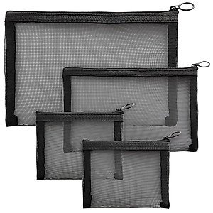 Glamlily Mesh Makeup Bag Set of 4, Travel Zipper Pouch for Cosmetics (Black, 3 Sizes)
