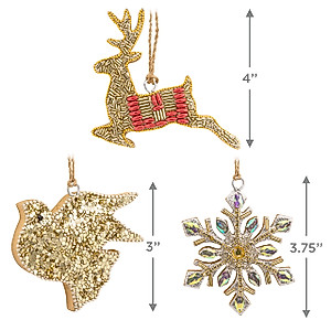 Hallmark Christmas Ornaments, Beaded Gold Reindeer, Dove and Snowflake Holiday Icons, Wood, Set of 6 (0001HGO2654)