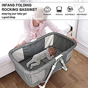 INFANS 2 in 1 Rocking Bassinet for Newborn Baby, One-Second Fold Travel Crib with Detachable & Thicken Mattress, Height Adjustable Legs, Mosquito Net, Cradle with Rock Mode & Stationary (Gray)