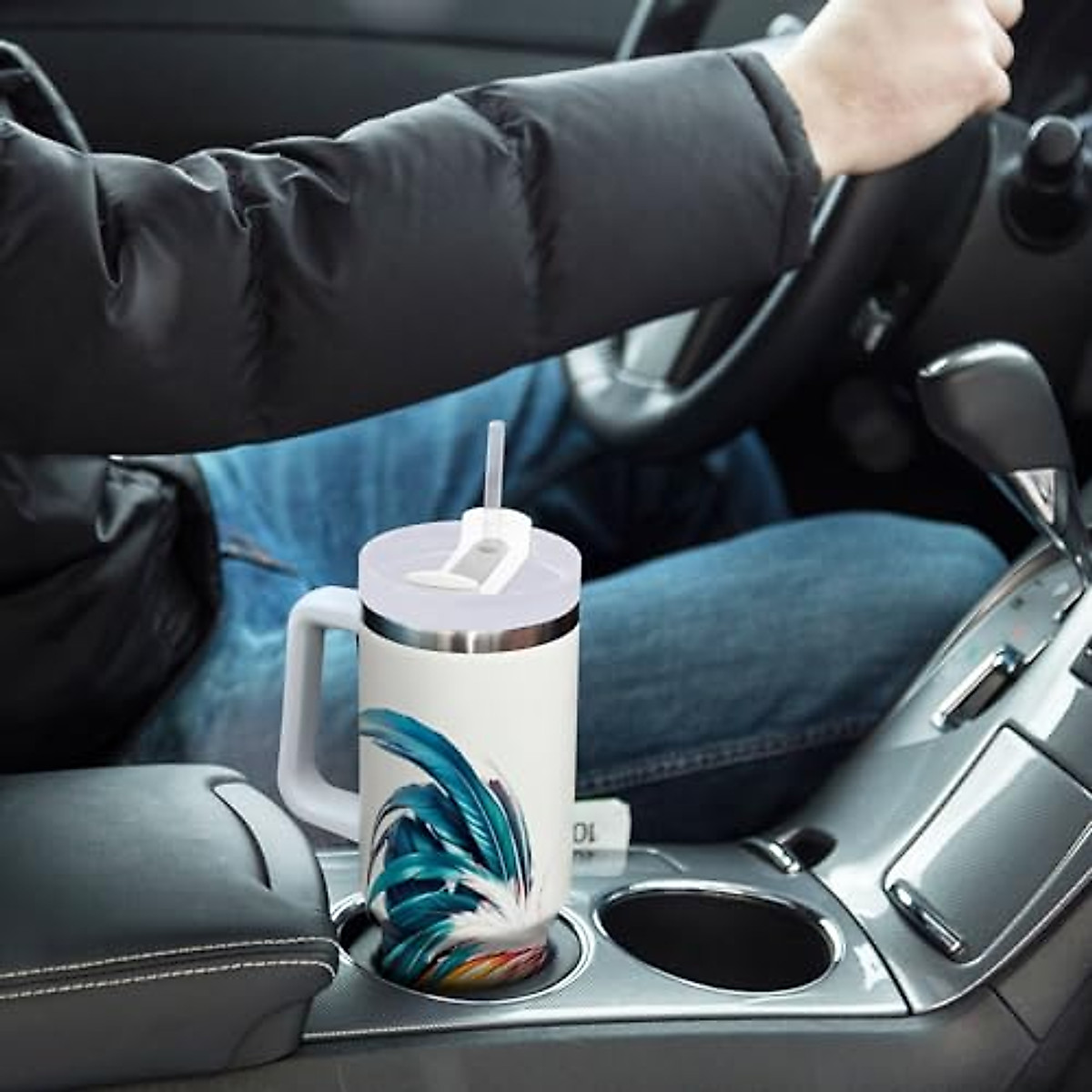 ODAWA Large Travel Coffee Tumbler with Straw and Handle, Rooster Beige Spill Proof Tumbler with Straw