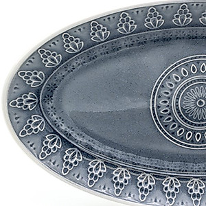 Euro Ceramica Fez Serving Platter, 14" Oval, Teardrop Mandala Design, Grey