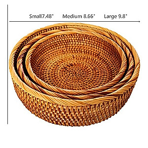 AMOLOLO Hadewoven Round Rattan Fruit Basket Wicker Food Tray Weaving Storage Holder Dinning Room Bowl, 10 Inch Woven Bread Basket Key Bowls with 4”Wall for Table, Countertop (Large 9.8")