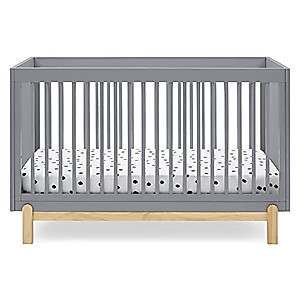Delta Children Poppy Crib 7-Piece Baby Nursery Furniture Set–Includes: Convertible Crib, Glider, Dresser, Changing Top, Crib Mattress, Sheets, & Changing Pad, Grey w/Natural