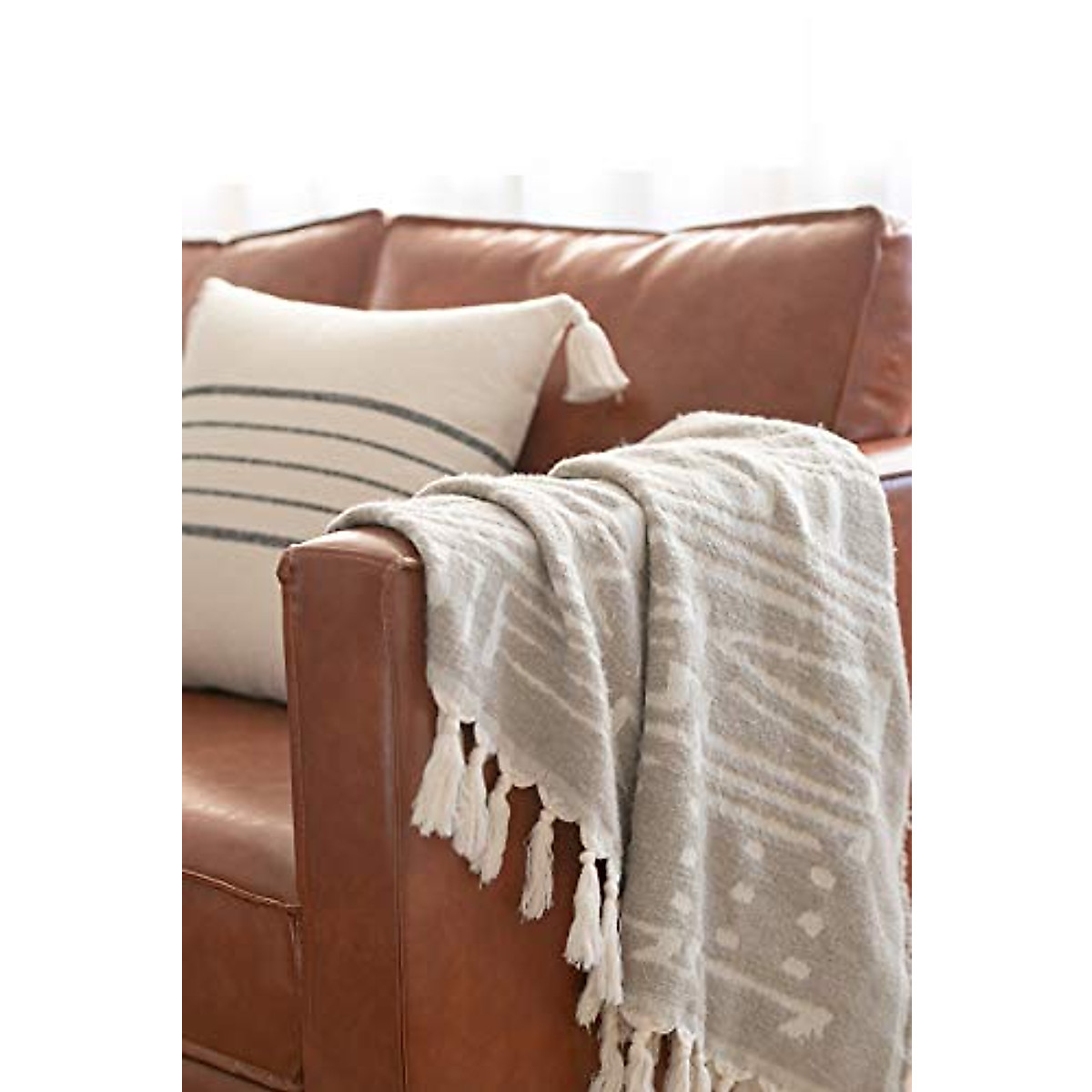 Hofdeco Modern Boho Decorative Throw Blanket with Fringe for Couch Sofa, Cozy Woven Knit, Khaki Boho Tribe Geo, 55"x60"
