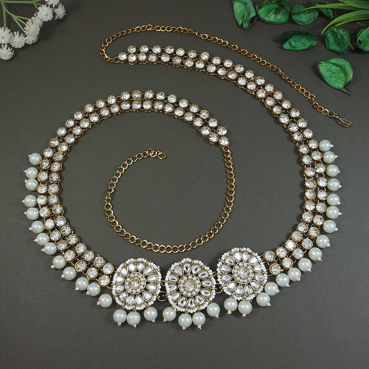 I Jewels 18K Gold Plated Indian Wedding Bollywood Floral Kundan & Pearl Studded Adjustable Kamarband/Belly Chain For Women/Girls (B033W)