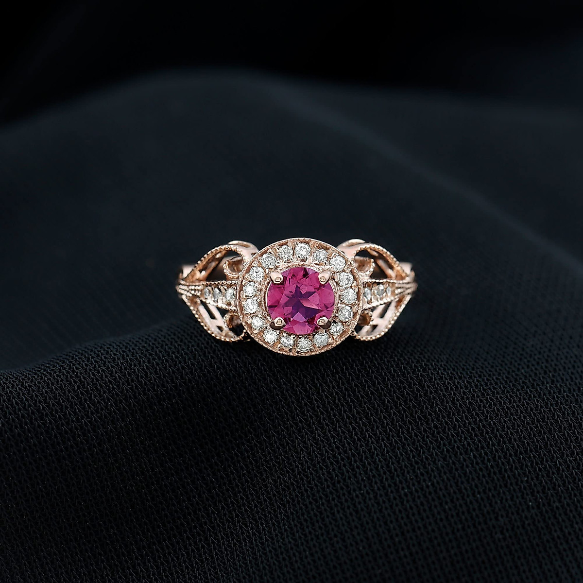 0.75 Cttw Pink Tourmaline Vintage Engagement Ring with Diamond (AAA Quality), 14K Rose Gold, Size:US 4.50