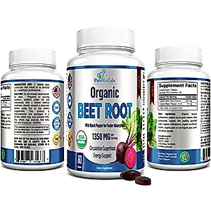 YUMMYVITE Organic Beet Root Powder Tablets - 1350mg with Black Pepper for Faster Absorption - Boosts Nitric Oxide for Energy and Stamina - 60 Tablets
