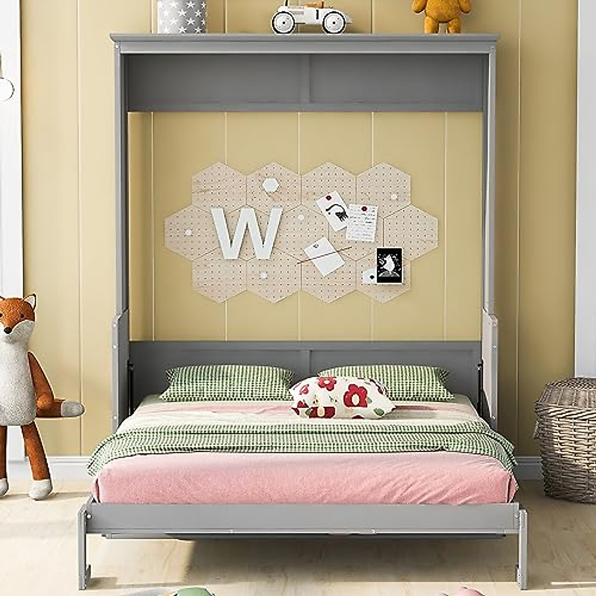 HBRR Queen Murphy Bed Chest, Versatile Cabinet BedFrame for Guest Room Home Office, Space-Saving, No Box Spring Needed, Gray w/Storage Shelf