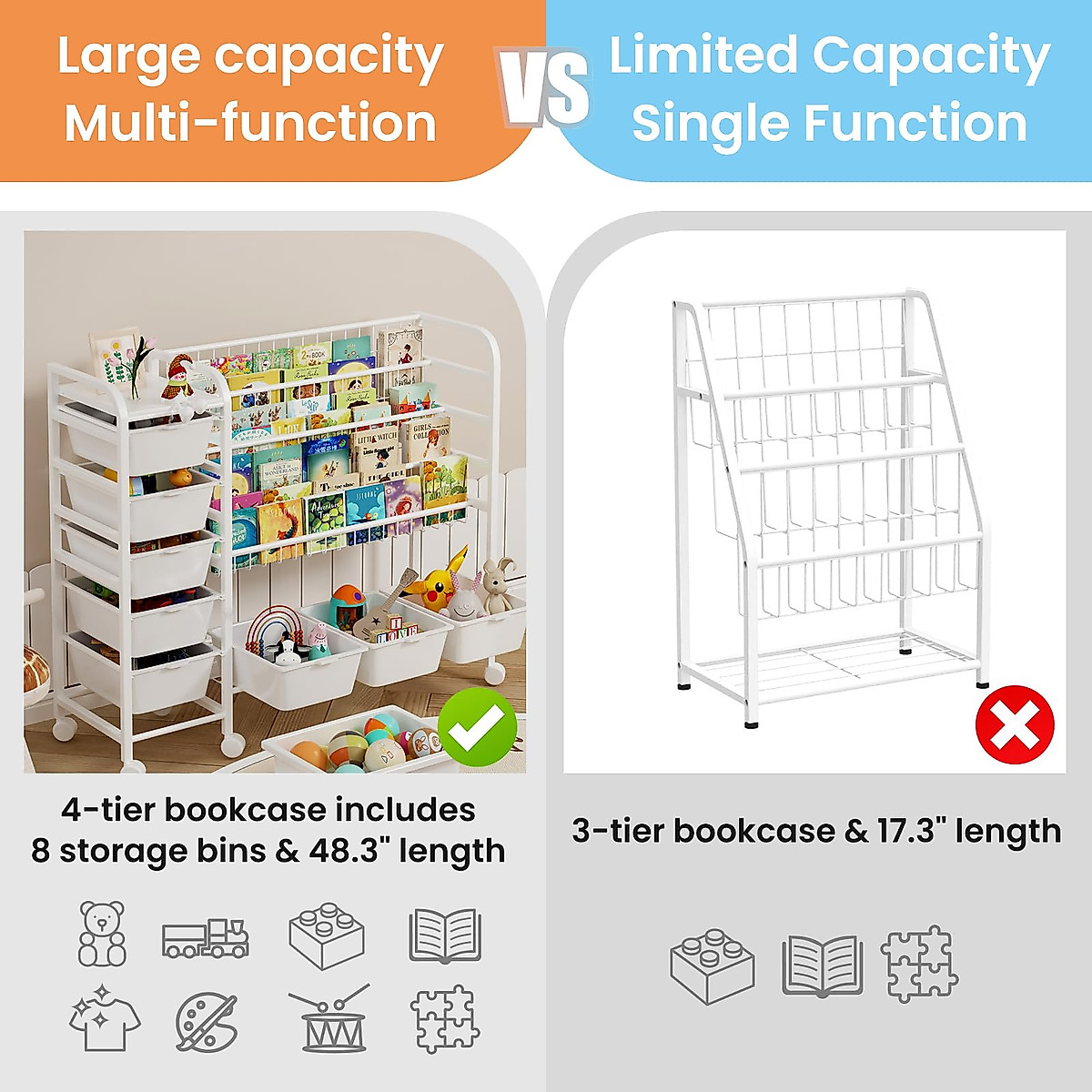 EXPERLAM Kids Bookshelf with Toy Storage Organizer, 48 Inch Large Metal Kids Book Rack with 8 Toy Storage Bins, 2-in-1 Toy and Book Organizer with Wheels, Book Shelf for Kids Room, Nursery, Playroom