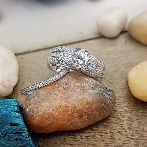 Dazzlingrock Collection 6.5mm Round Cubic Zirconia 3 Row Wedding Ring Set for Her (3.20 ctw, Color White, Clarity Clean) in 925 Sterling Silver Size 6.5