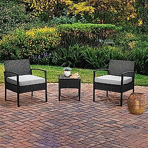 Tappio Outdoor Furniture 3 Piece Patio Bistro Furniture Set, Rattan Conversation Chairs Set with Side Table and Cushions, Porch Set Patio Furniture Set for Balcony Garden Yard, Gray