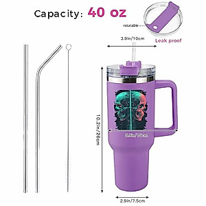 LB LEOBON 40 ounce insulated cup with handle, double-layer vacuum stainless steel material, equipped with straw, can keep warm or maintain cold drinks Neone Poppe Skeletons 2 Deep purple