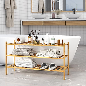 Furshus Long Shoe Rack, 3-Tier Bamboo Stackable Shoe Shelf Storage Organizer, Shoe Stand for Closet, Entryway and Hallway