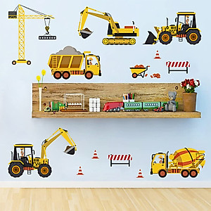 City Construction Vehicles Wall Decals, Truck Digger Excavator Cartoon Engineering Car Decorative Wall Stickers, Removable DIY Wallpaper for Kids Boys Bedroom, Playroom, Living Room Décor