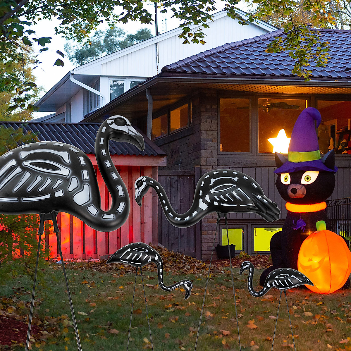 GiftExpress 4-Pack Small Halloween Flamingo, Black Flamingo Skeleton, Zombie Flamingos, Skull Flamingo with Stakes for Halloween Lawn Ornaments, Spooky Graveyard Decorations