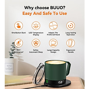 buuo Self Heating Coffee Mug, 14 Oz Temperature Control Smart Mug, double sided & Real-Time LED display, Fast Heating, mug warmer with 120 Min Battery Life, Birthday Gifts for Women and Men(Green)