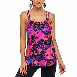 Hibelle Womens Tank Tops with Built in Bras Workout Yoga Athletic Tank Tops for Women Racerback Spaghetti Strap Built in Bra Camisole Tank Tops Casual Summer Clothes Purple Red Floral X-Large