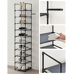 SONGMICS Shoe Rack, 10 Tier Shoe Shelf, Shoe Storage Organizer, Space-Saving, 13 x 13 x 68.1 Inches, Metal Frame, Non-Woven Fabric Shelves, for Entryway, Bedroom, Grey ULSR110G01