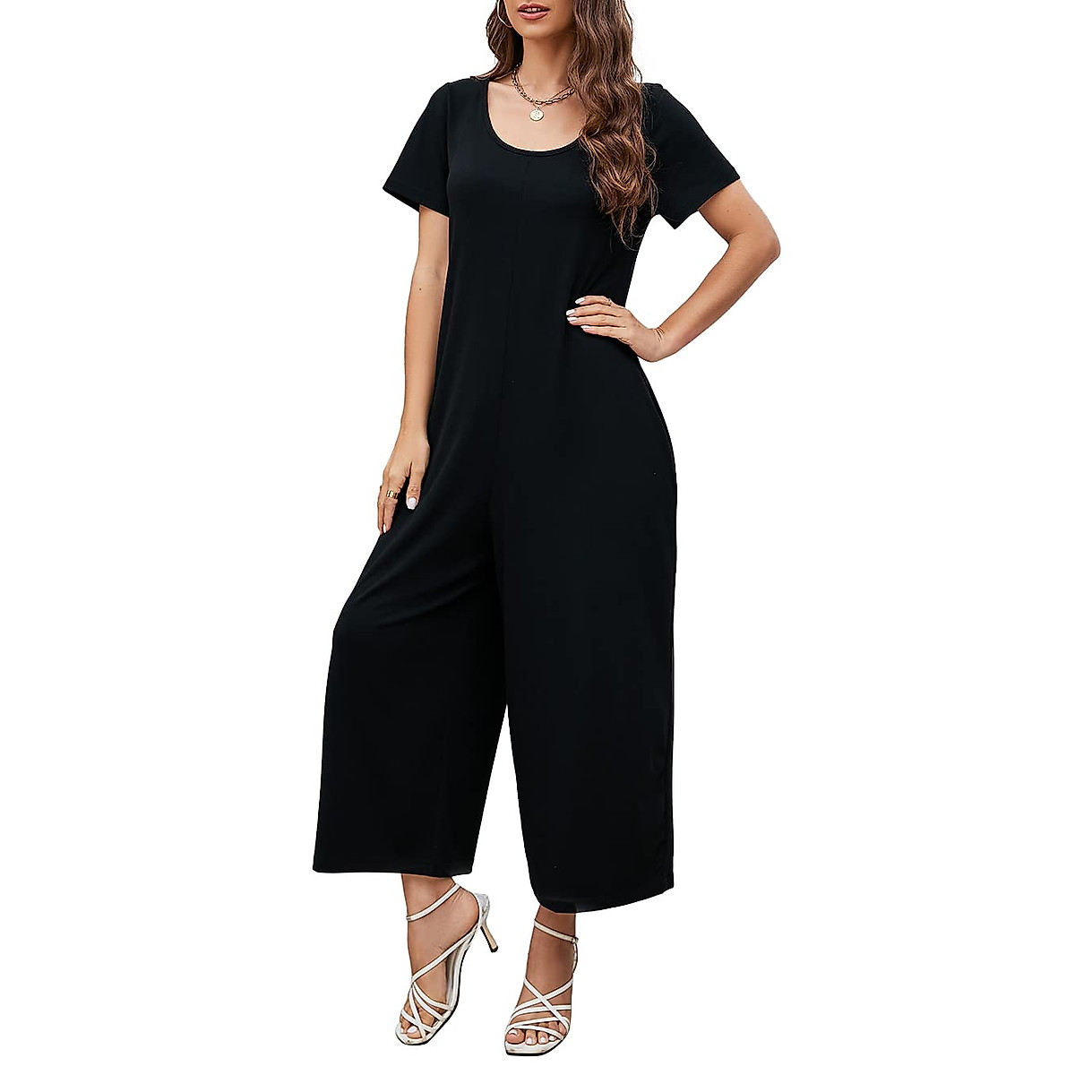 Qnasey Women's Summer Short Sleeve Loose Crewneck Jumpsuit Rompers Wide Long Pant Loungewear with Pockets Samll Black