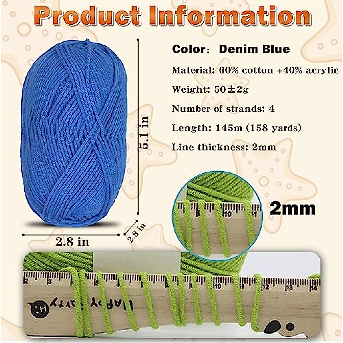 2 Pcs 100g Cotton Acrylic Yarn for Crocheting,Soft and Fluffy Crochet Yarn for Knitting and Crafts，4 ply Warm Yarn for DIY Slippers Cushions Dolls Bags Blankets Ornaments and Trinkets（Denim Blue）