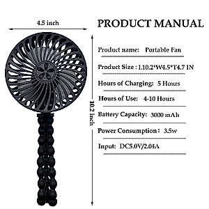Stroller Fan Portable Fan Personal Fan with Flexible Tripod Clip-on for Baby, USB Fan Rechargeable Battery Operated, Small Handheld Fan Cooling for Travel, Car Seat, Camping, and Bedroom, Black