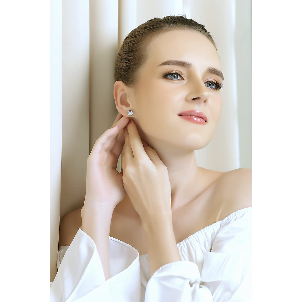 Opal Earrings for Women Sterling Silver 6mm Round Halo Synthetic Opals Stud Earrings