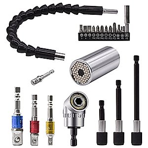 Flexible Drill Bit Extension Set & Universal Socket Tool, Bendable Drill Bit Extension, 3pcs Drill Bit Holder, 1/4 3/8 1/2" Universal Socket Adapter Set, 105° Right Angle Drill, Screwdriver Bit Kit