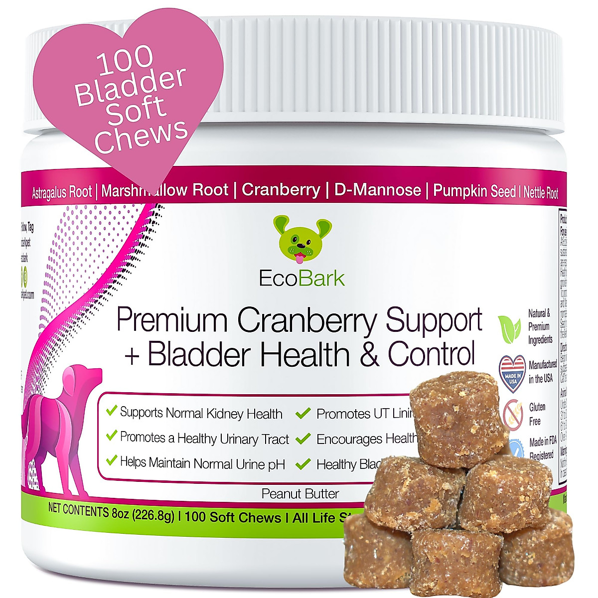 EcoBark Natural Urinary Tract Cranberry Supplements for Dogs - Bladder Health & Kidney Support for Dogs - UTI Relief - Dog Bladder Control Chews - Dog Cranberry Soft Chews for Dog Incontinence Support