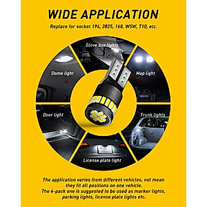 AUXITO 194 LED Light Bulb 6000K White 168 2825 W5W T10 Wedge 24-SMD 3014 Chipsets LED Replacement Bulbs Error Free for Car Interior Dome Map Door License Courtesy Dash Lights, Pack of 10