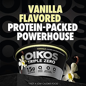 Oikos Triple Zero Vanilla Nonfat Greek Yogurt Pack, 0% Fat, 0g Added Sugar and 0 Artificial Sweeteners, Just Delicious High Protein Yogurt, 4 Ct, 5.3 OZ Cups