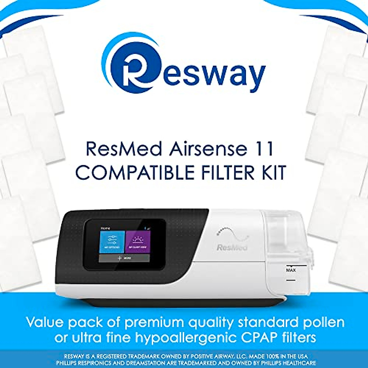 Premium Resway CPAP Replacement Filters Compatible with ResMed Airsense 11 | Disposable Air Filters For Dust, Dander, Pollen | Standard Pollen Filters | Hypoallergenic | Made in USA (20 Filters)