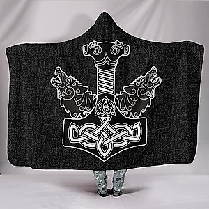 BURNAR Medieval 3D Printing Hooded Blanket Keeps Warm Fenrir Wolf Thor's Hammer Unisex Winter Wearable Hooded Blanket Double-Layer Thickened Plush Wool Blanket (Color : G, Size : 80x60in/150x200cm)