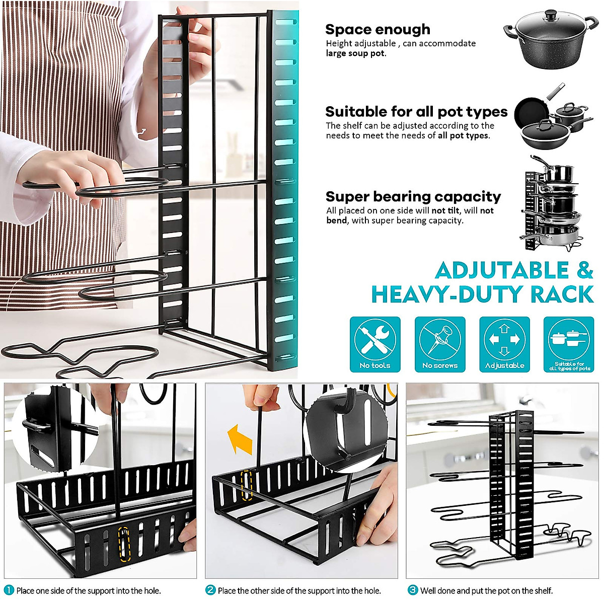 Kphico Pots and Pans Organizer,Pot Rack with 3 DIY Methods,Adjustable Pan Organizer Rack with 8 Tiers,Non-Slip Pan Pot Rack for Kitchen Cabinet Organizer and Storage,Send 1 PCS Cleaning Cloth
