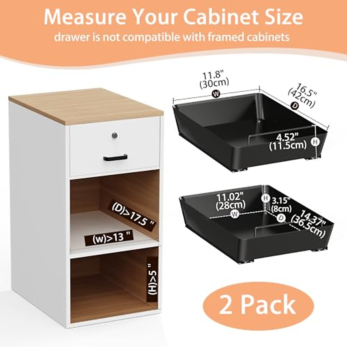 Sicamin 2 Pack Peel and Stick Pull Out Drawers for Cabinets, Adhesive Slide Out Drawers for Kitchen Cabinets Organizer, No Hardware Sliding Shelves Pantry Storage, 11.8”W x 16.5”D x 4.52" H, Black