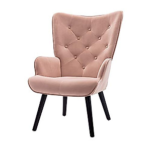 Dolonm Velvet Accent Chair Modern Tufted Button Wingback Vanity Chair with Arms Upholstered Tall Back Desk Chair with Solid Wood Legs for Living Room Bedroom Waiting Room(Dusty Pink)