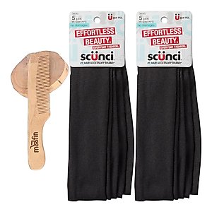 moofin Scunci Black Headband for Women, Stretchy Fabric, Non-Slip, Comfort Fit, Ideal for Running, Makeup, Skincare, Casual Wear, Includes Wooden Comb, Multipack of 5 [Pack of 2]