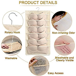 YUNZSXJY Bra organizers hanging bra storage bra hanger Double Sided with Pockets,Space Saving closet organzier for Bra underwear Clothes Socks wardrobe (Beige, 2PCS 6+6 Pockets)