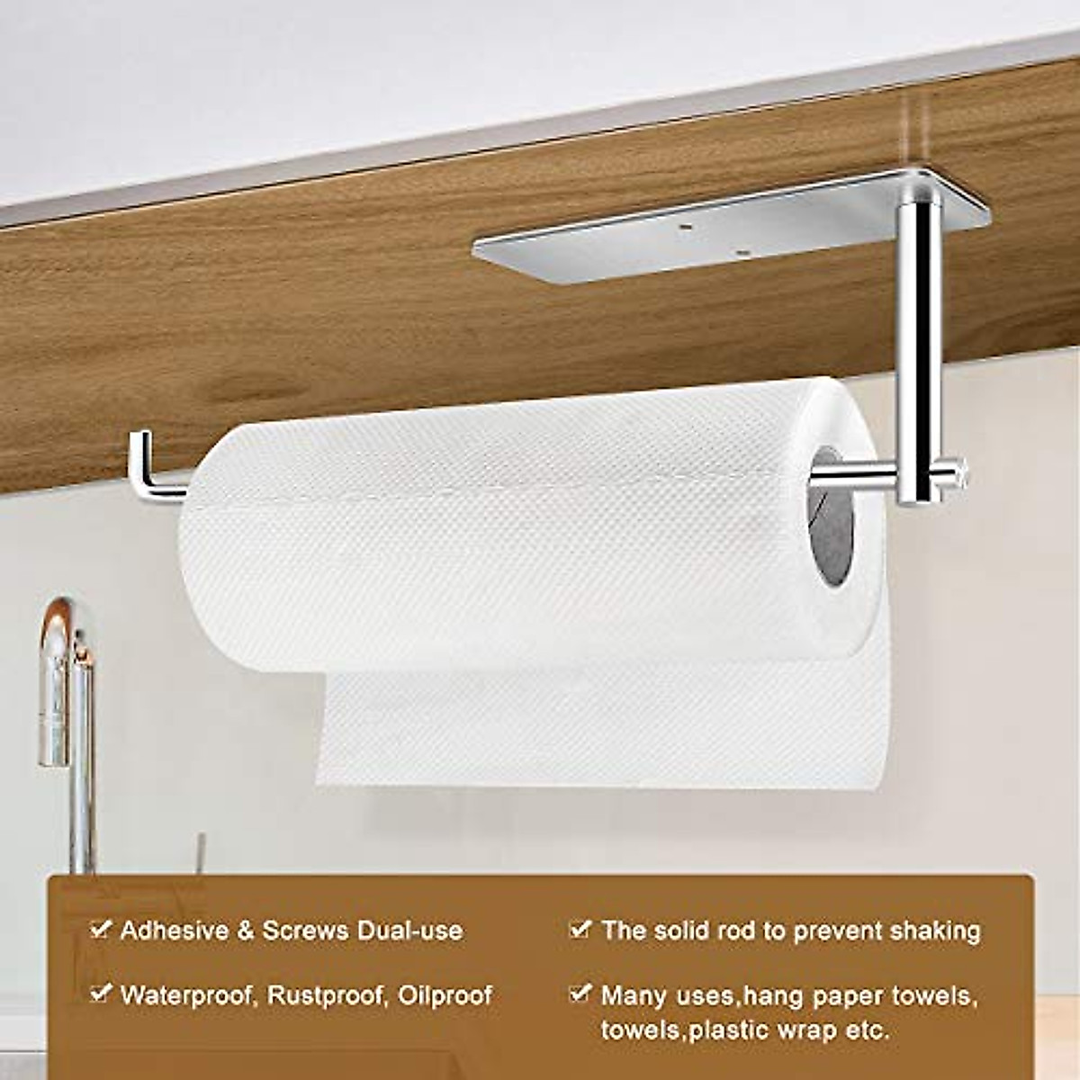 Paper Towel Holder Under Cabinet Mount- Self Adhesive Paper Towel Roll Rack for Kitchen Bathroom Towel, 12 Inch Rolls Wall Mounted & Drilling with Screws, 304 Stainless Steel (Silver, 15)