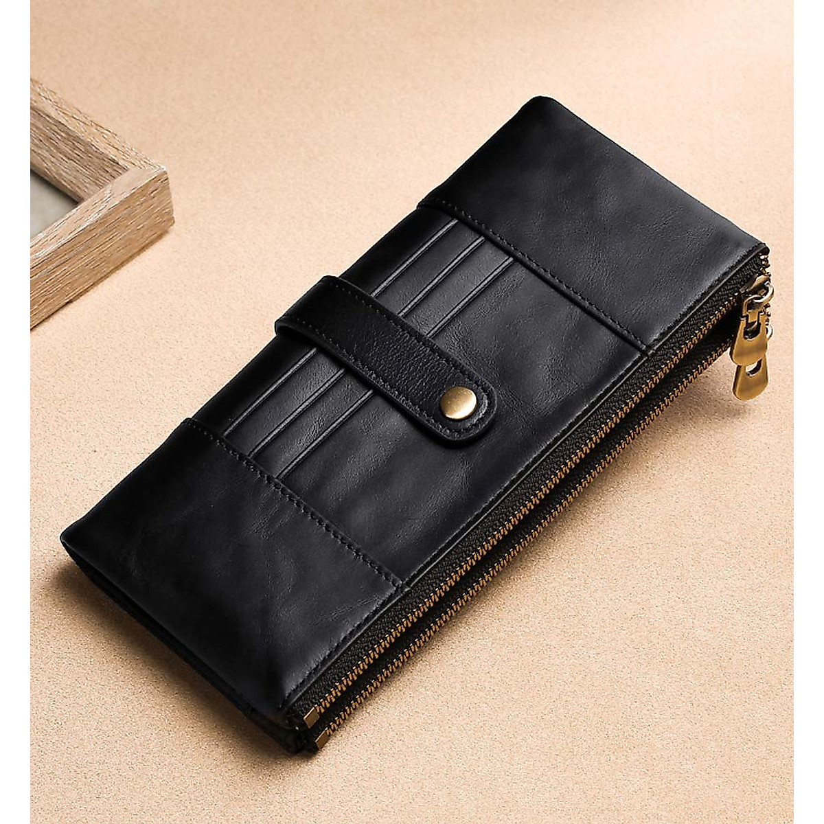 KELEEL Womens RFID Wallets Slim Cow Leather Large Capacity Bifold Purse Multi Card Case Wallet with Dual Zipper Pockets (Black)