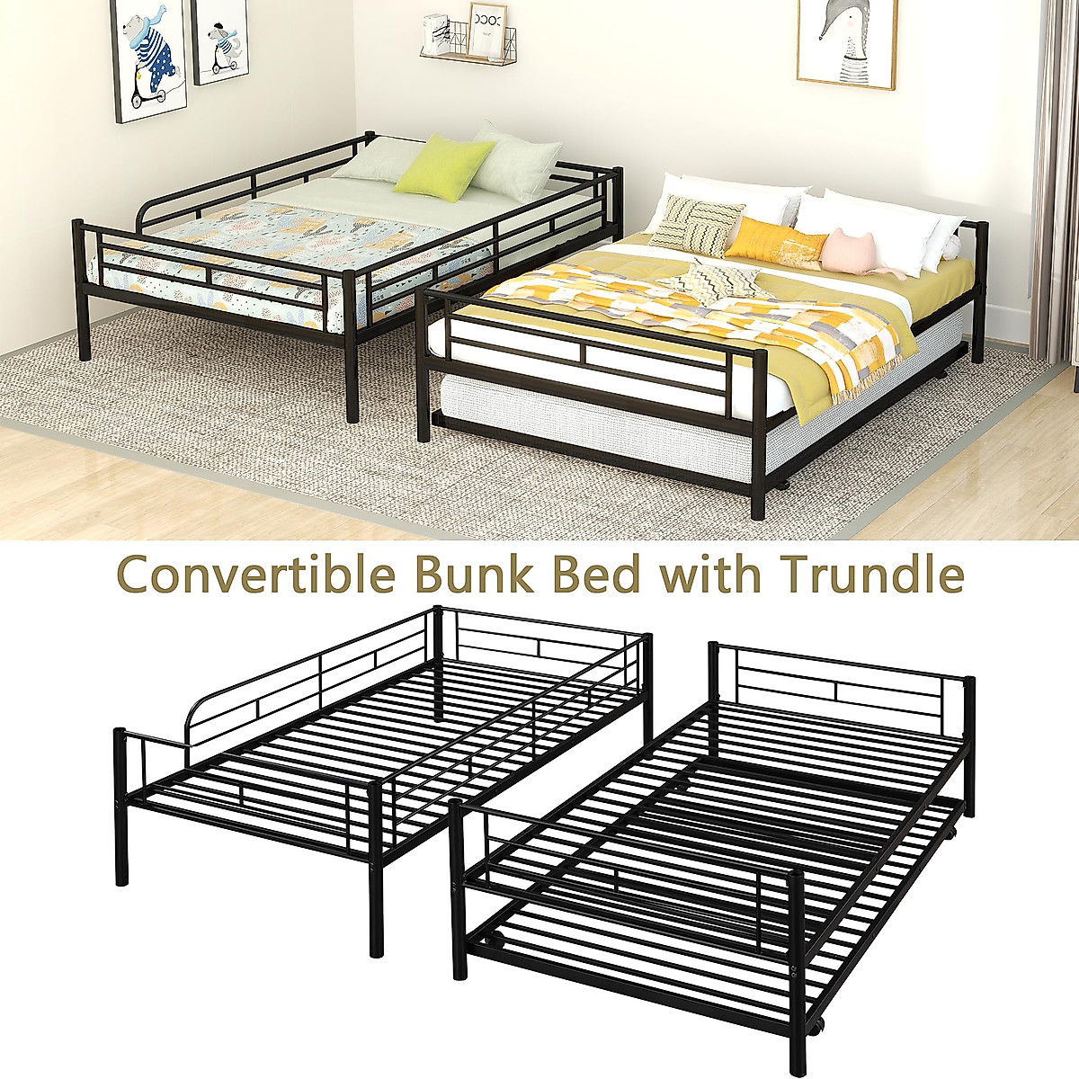 Heavy Duty Metal Bunk Bed Twin Over Twin Bunk Bed with Trundle Bed, Kids Bunk Bed with Ladder and Guardrails, Twin Bunk Beds for Kids, Boys, Girls, Teens, Black Bunk Bed Twin Size