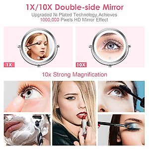 SPIGHTDEX Magnifying Mirror with Light 1x/10x Magnification，Mirror with Lights 7 Inch Double Sided，Lighted Makeup Vanity Mirror with Stand，Led Cosmetic Beauty Mirror for Tabletop Shaving Bathroom