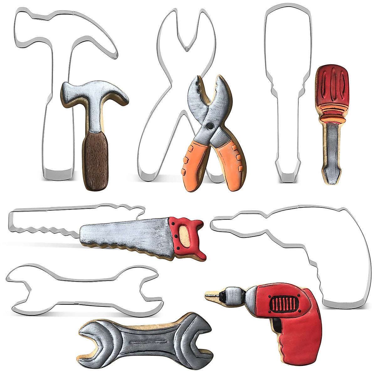 LILIAO Cookie Cutters Construction Tools Cookie Cutter Set, 6 Pcs, Hammer, Wrench, Screwdriver, Pliers, Electric Saw and Drill, Stainless Steel