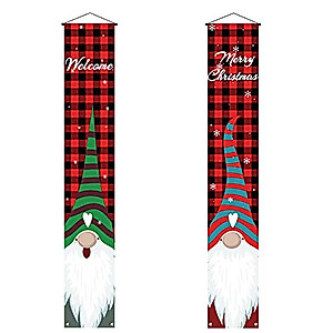 Rainlemon Welcome and Merry Christmas Gnome Porch Banner,Black and Red Buffalo Check Plaid,Front Door Sign Decoration