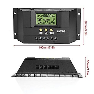Dual USB Solar Controller, 12V 24V 30A CM3024Z PWM Intelligent Solar Panel Controller Regulator LCD Display for Connecting Battery, Solar Panel and DC Load